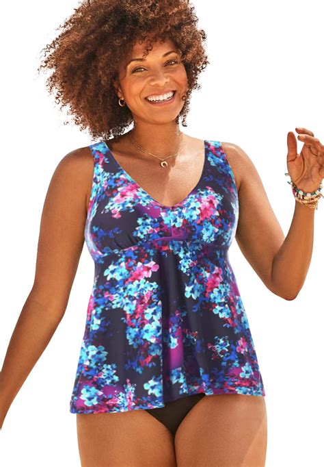 Swimsuits For All Womens Plus Size V Neck Flowy Tankini Set 20 Ombre Floral Navy