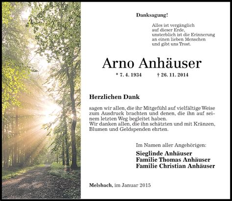 Traueranzeigen von Arno Anhäuser rz trauer de