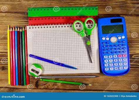 Set Of School Stationery Supplies Blank Notepad Calculator Rulers