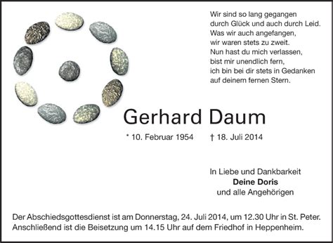 Traueranzeigen Von Gerhard Daum Vrm Trauer De