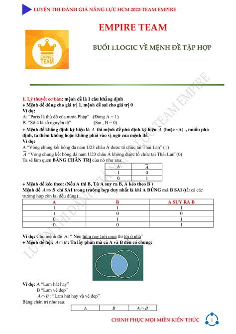 BUỔI 1 Logic VỀ MỆNH ĐỀ TẬP HỢP Lý thuyết cơ bản mệnh đề là 1 câu