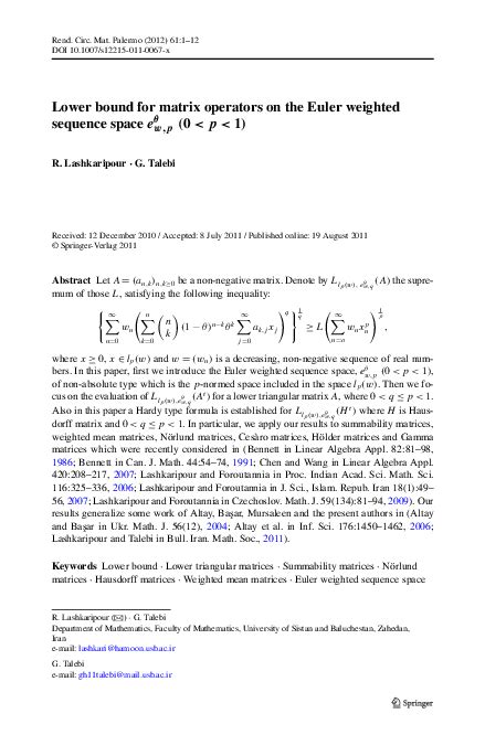 pdf lower bound for matrix operators on the euler weighted sequence space e {w p} { theta} 0