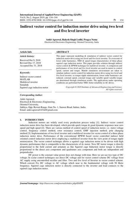 pdf indirect vector control for induction motor drive using two level and five level inverter