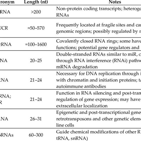 main non coding rna ncrna classes listed according to increasing download table