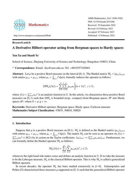 pdf a derivative hilbert operator acting from bergman spaces to hardy spaces
