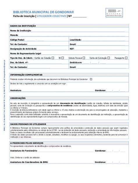 Preench Vel Dispon Vel Ficha De Inscrio Utilizador Colectivo N Fax