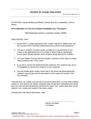 Fillable Online Notice Of Lease Violation Documatica Formscom Fax