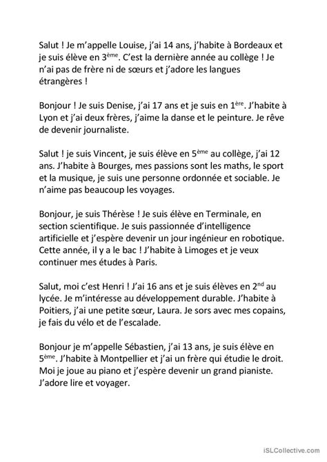 Description collégien lycéen compr Français FLE fiches pedagogiques