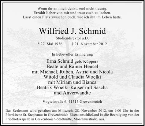 Alle Traueranzeigen für Wilfried J Schmid trauer rp online de
