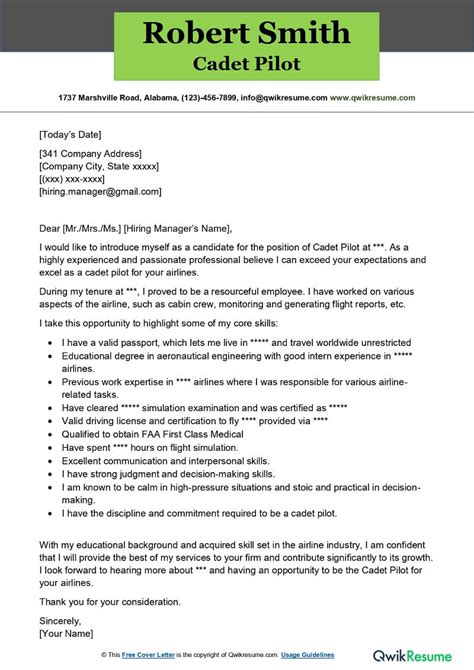 Cadet Pilot Cover Letter Examples Qwikresume