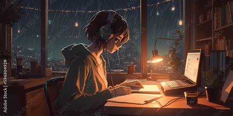 Cool Lofi Girl Studying At Her Desk Rainy Or Cloudy Outside Beautiful