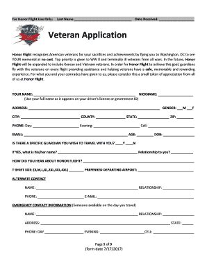 Fillable Online Veteran Application Honor Flight Fax Email Print