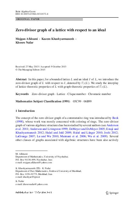 pdf zero divisor graph of a lattice with respect to an ideal kazem khashyarmanesh