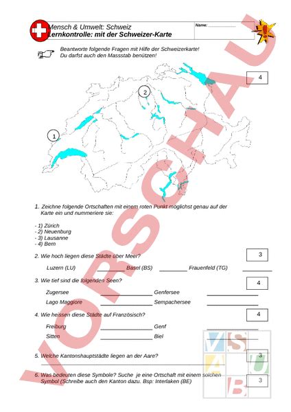 Arbeitsblatt Schweiz Geographie Schweiz
