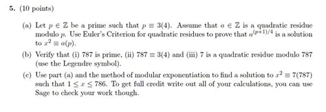 solved 5 10 points let p â‚¬ z be prime such that p 3 4 assume that ezis quadratic