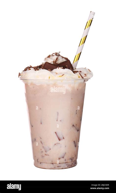 Tasty Chocolate Milkshake In Plastic Cup Isolated On White Stock Photo