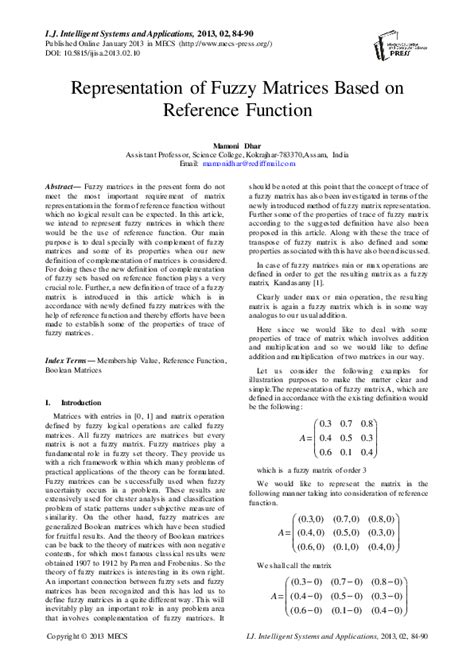 pdf representation of fuzzy matrices based on reference function mamoni dhar