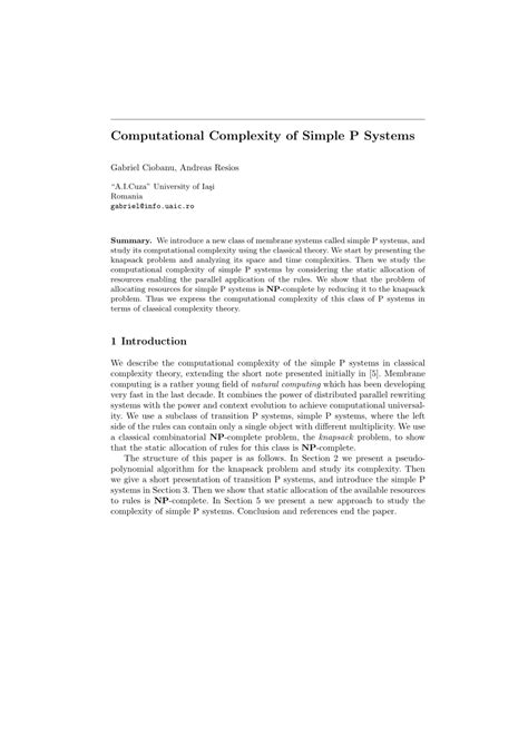 pdf computational complexity of simple p systems