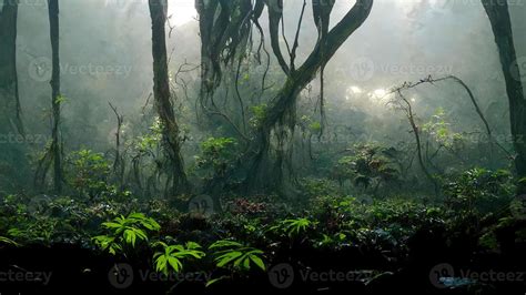 Night Landscape Of The Jungle At Night Under The Light Of Lamps