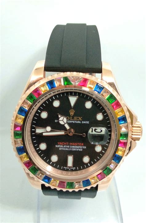 Rolex Yacht Master Custom Rainbow Bezel Black Dial Everose Gold Watch