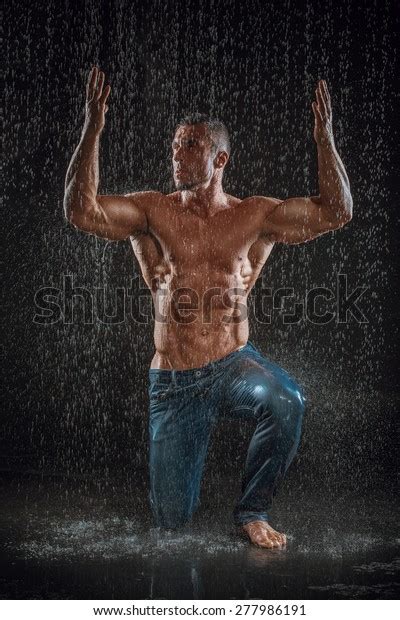 Very Muscular Handsome Athletic Man Rain Stock Photo 277986191