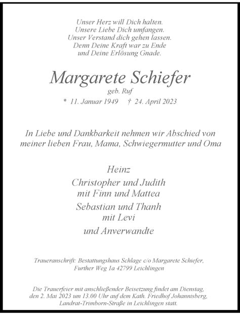 Alle Traueranzeigen für Margarete Schiefer trauer rp online de