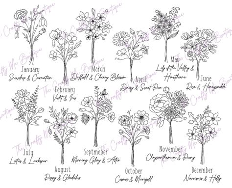 Birth Month Flower Bouquet Clipart 12x SVG Bundle Set Wildflower