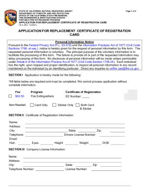 Fillable Online Osfm Fire Ca APPLICATION FOR REPLACEMENT CERTIFICATE OF
