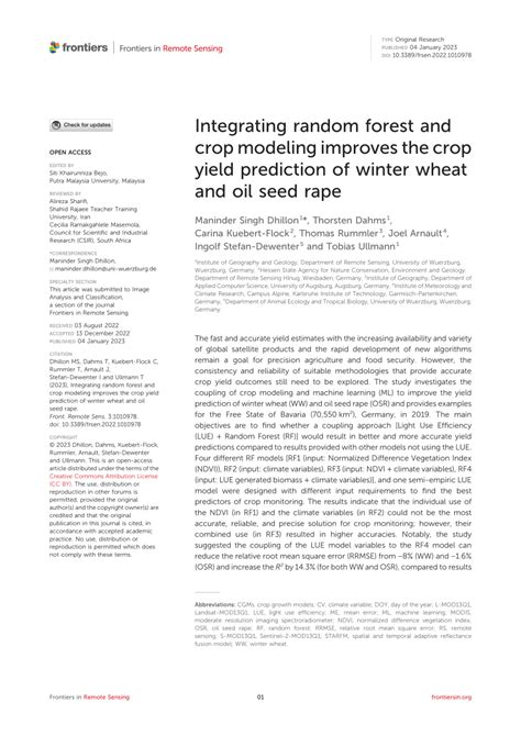 pdf integrating random forest and crop modeling improves the crop yield prediction of winter