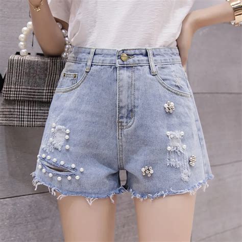 High Waist Denim Shorts Women Summer 2018 New Fashion Pearl Beading Rough Selvedge Wide Leg