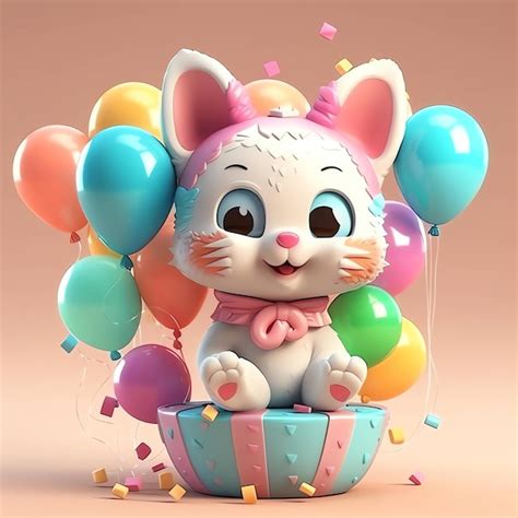 Un Gato De Dibujos Animados Con Un Lazo Rosa Se Sienta En Un Globo
