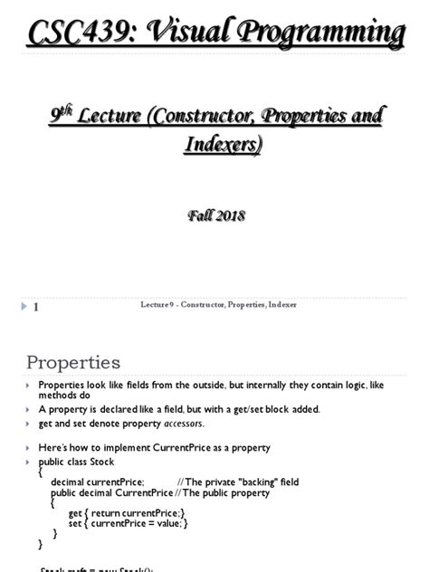 csc439 visual programming 9 lecture constructor properties and indexers download free pdf