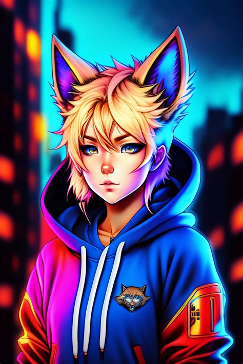 Lexica Anime Style Blonde Hair Blue Eyes Wolf Ears Wolf Tail Human Head Hoodie City