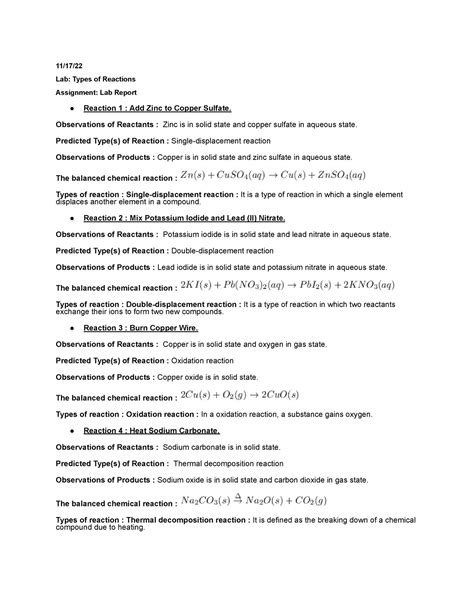 lab types of reactions assignment lab report 11 17 lab types of reactions assignment lab