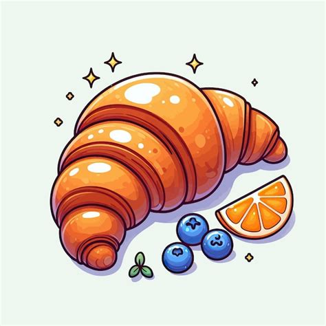 Un dibujo de un croissant y arándanos con una rodaja de limón y naranja