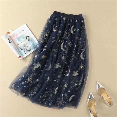 2018 Gorgeous Mesh Stars Moon Sequined Short Women Skirts Fashion
