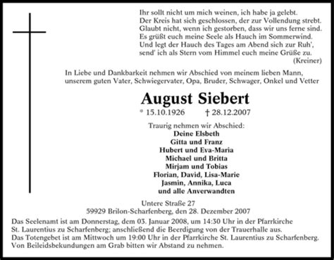 Traueranzeigen Von August Siebert Trauer In NRW De
