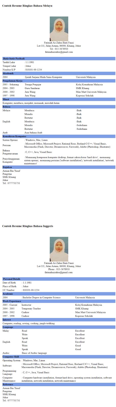 Contoh Resume Ringkas Dalam Bahasa Melayu Contoh Resume Dan Cara 179200