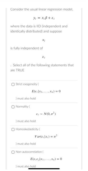 solved consider the usual linear regression model yi xiβ εi