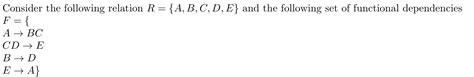 solved consider the following relation r {a b c d e}