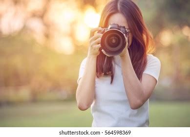 Woman Professional Photographer Dslr Camera Outdoor Stock Photo