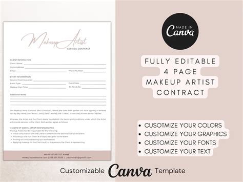 Makeup Artist Contract Template Edit In Canva Wedding Makeup