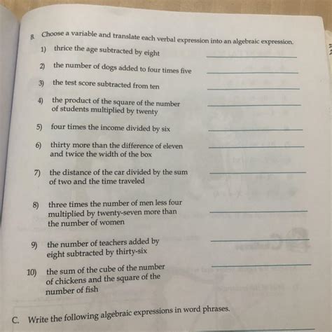choose a variable and translate each verbal expression into an algebraic expression brainly ph