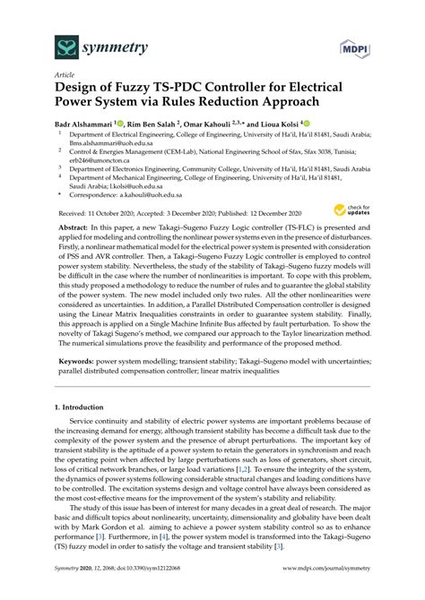 pdf design of fuzzy ts pdc controller for electrical power system via rules reduction approach