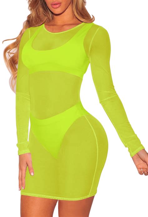 Pink Queen Women Long Sleeve Sheer Mesh See Through Bikini Swimsuit Cover Up Dress Light Green