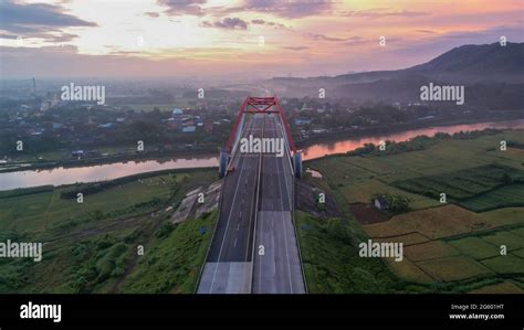 Aerial View Of The Kalikuto Bridge An Iconic Red Bridge At Trans Java