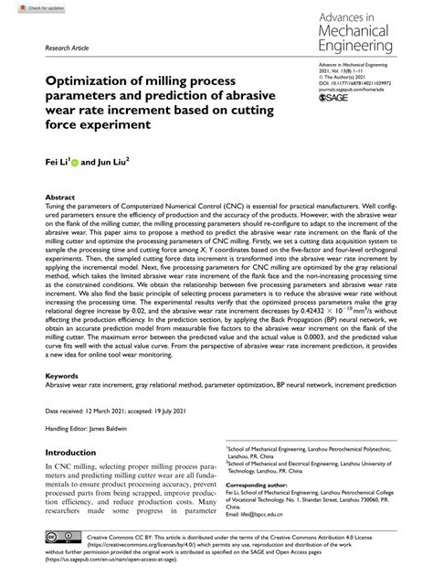 pdf optimization of milling process parameters and prediction of abrasive wear rate increment