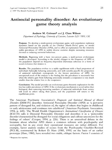 antisocial personality disorder an evolutionary game theory analysis pdf psychopathy
