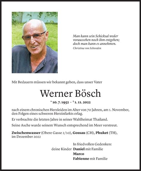 Todesanzeigen von Werner Bösch Todesanzeigen Vorarlberger Nachrichten