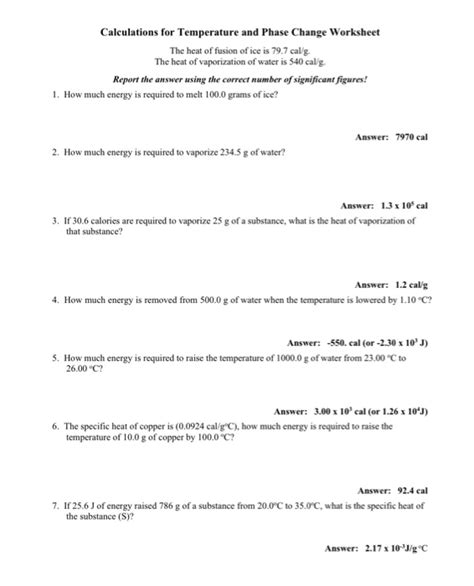 Heat And Phase Changes Worksheet